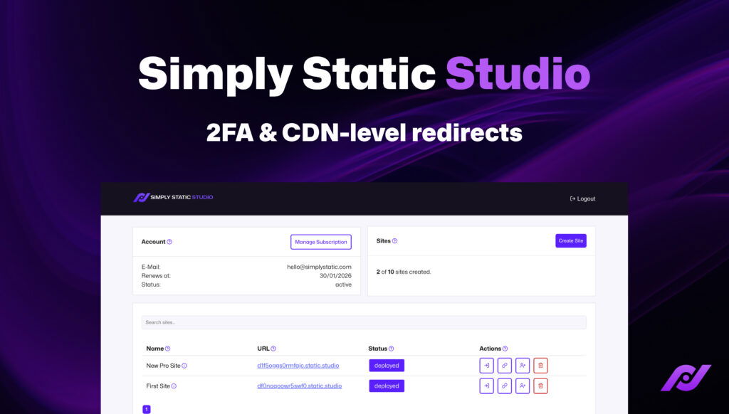 Static Studio - 2FA & CDN-level redirects - Simply Static